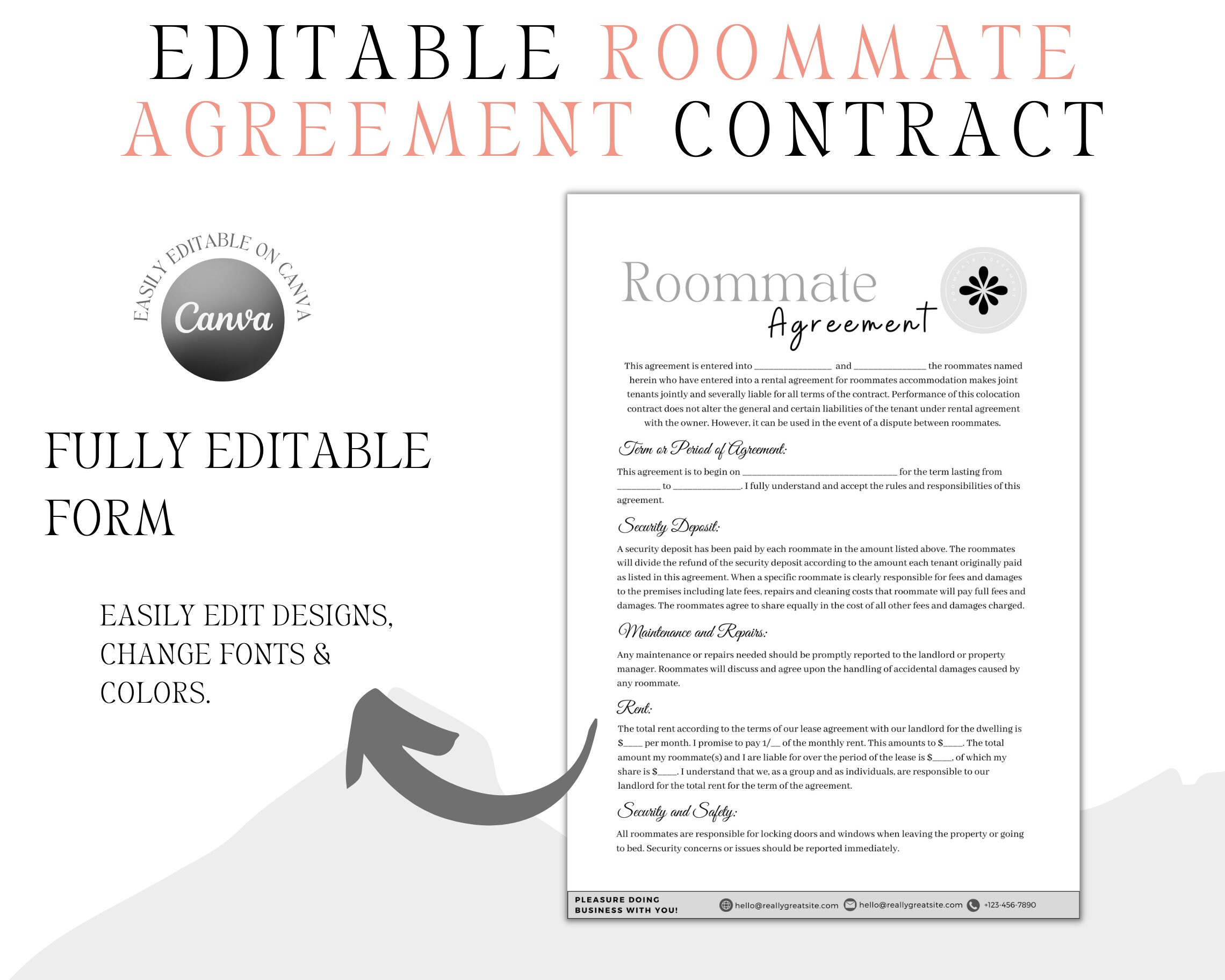 Editable Roommate Agreement Template - Room Rental Contract (PDF, Canva ...