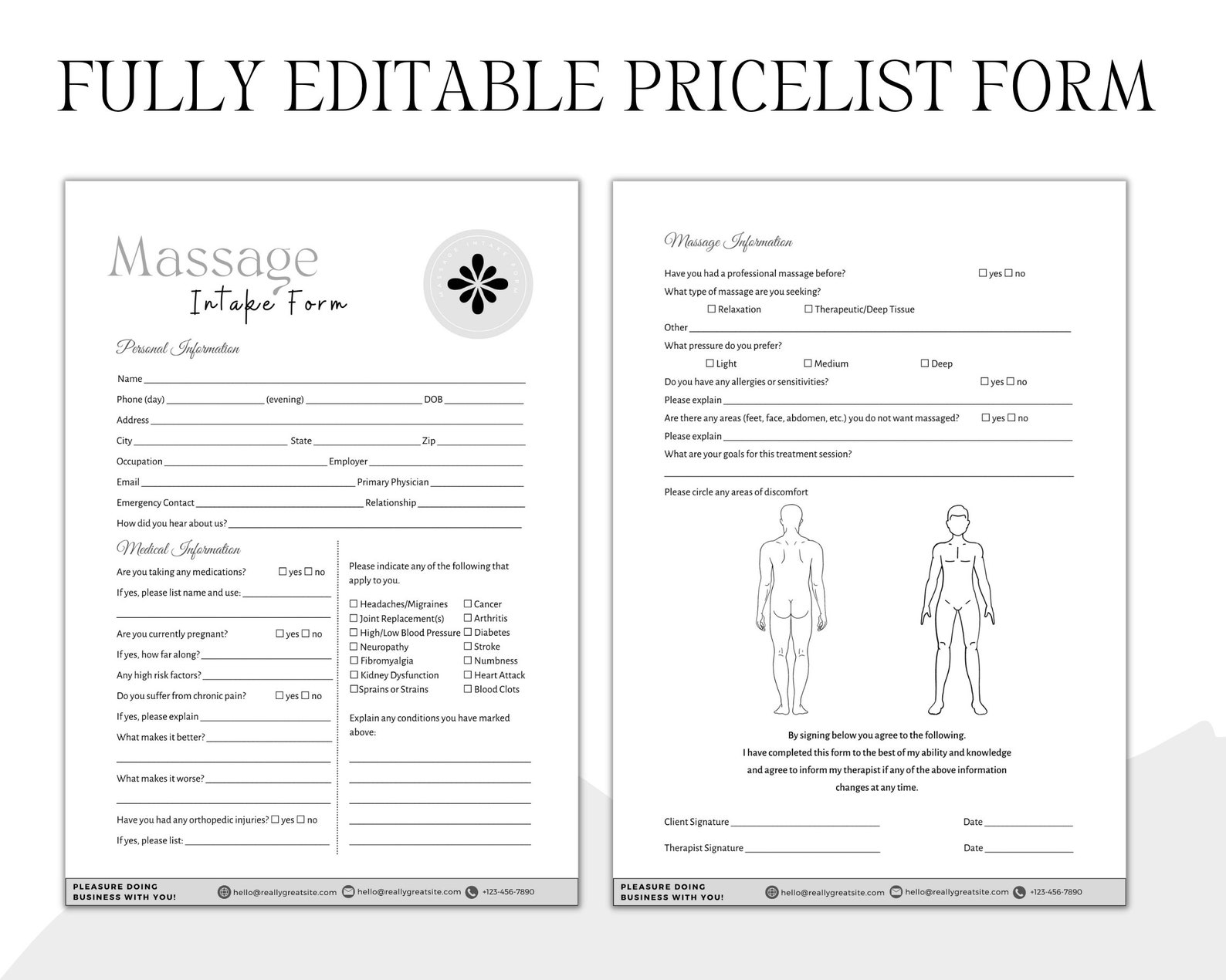 Professional Massage Intake Form, Massage Consent Form, Massage ...