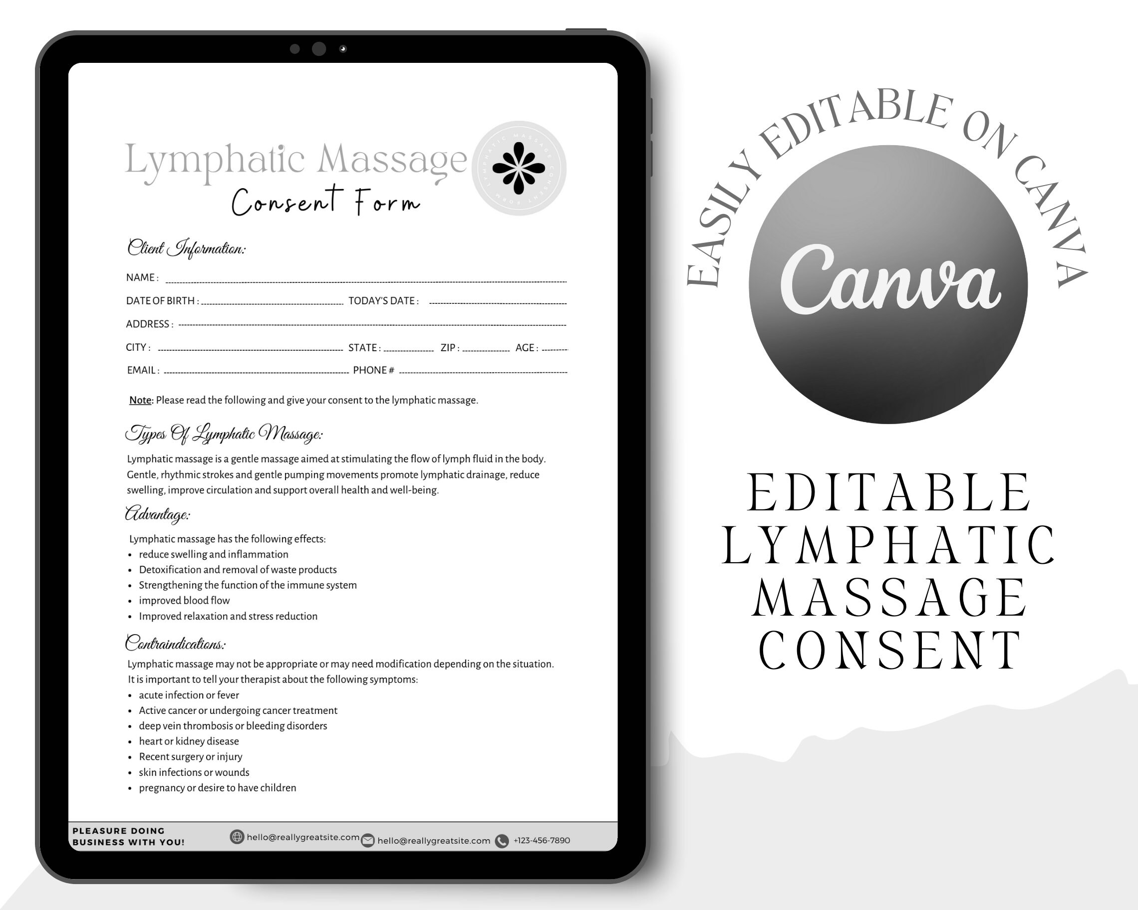 Editable Lymphatic Massage Consent Form, Lymphatic Drainage Form, Canva ...