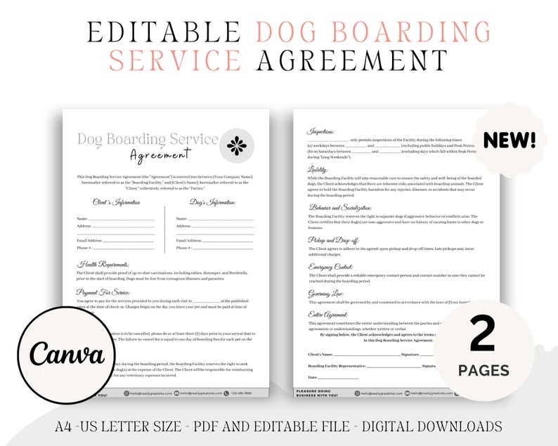 Dog Boarding Contract Template, Editable Dog Boarding Forms, Dog ...