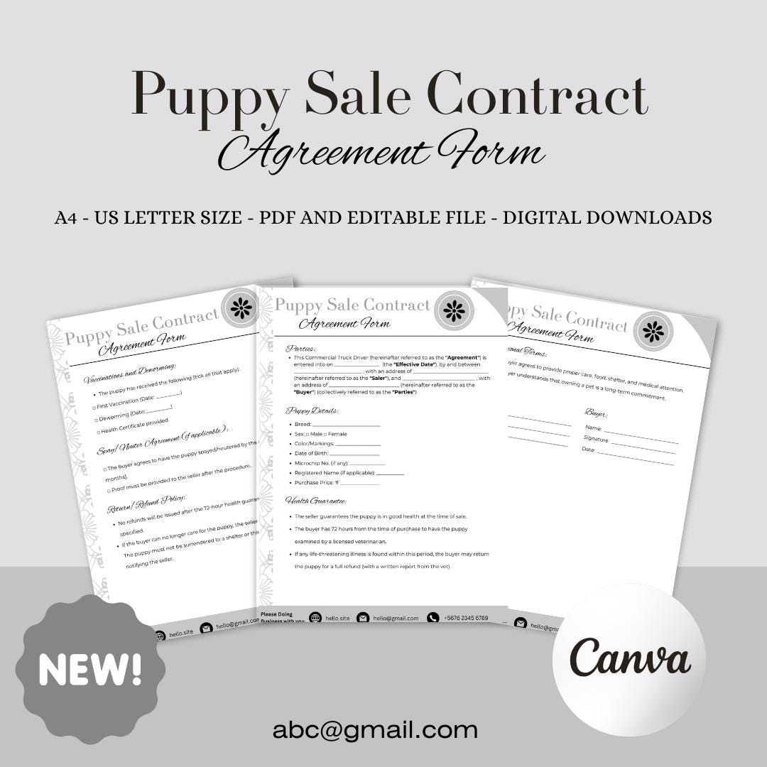 Printable Puppy Sale Contract Template | Editable Dog Purchase Agreement | Pet Sale Form | Puppy ...