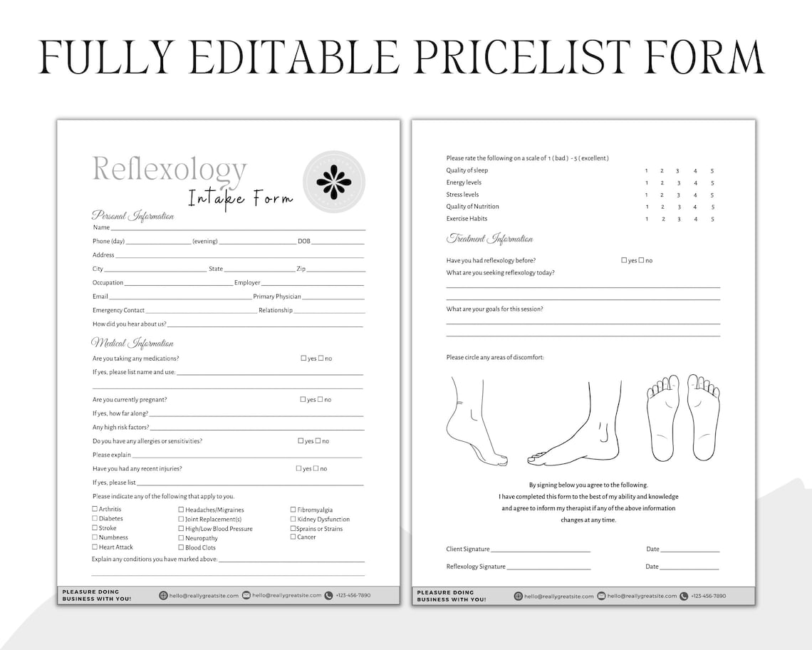 Editable Reflexology Intake Form, Massage Consultation Form, Spa Forms ...