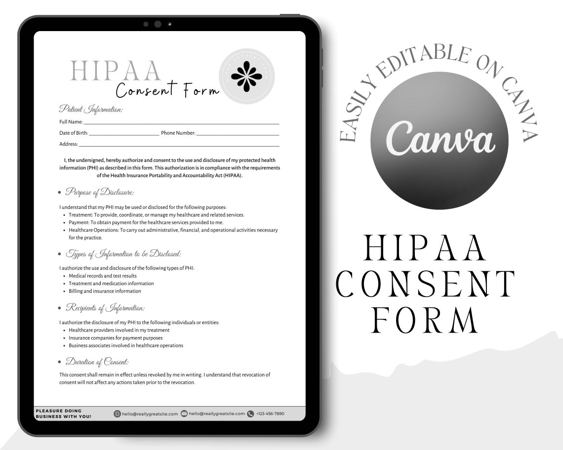 Editable HIPAA Consent Form Template, Printable HIPAA Compliance ...
