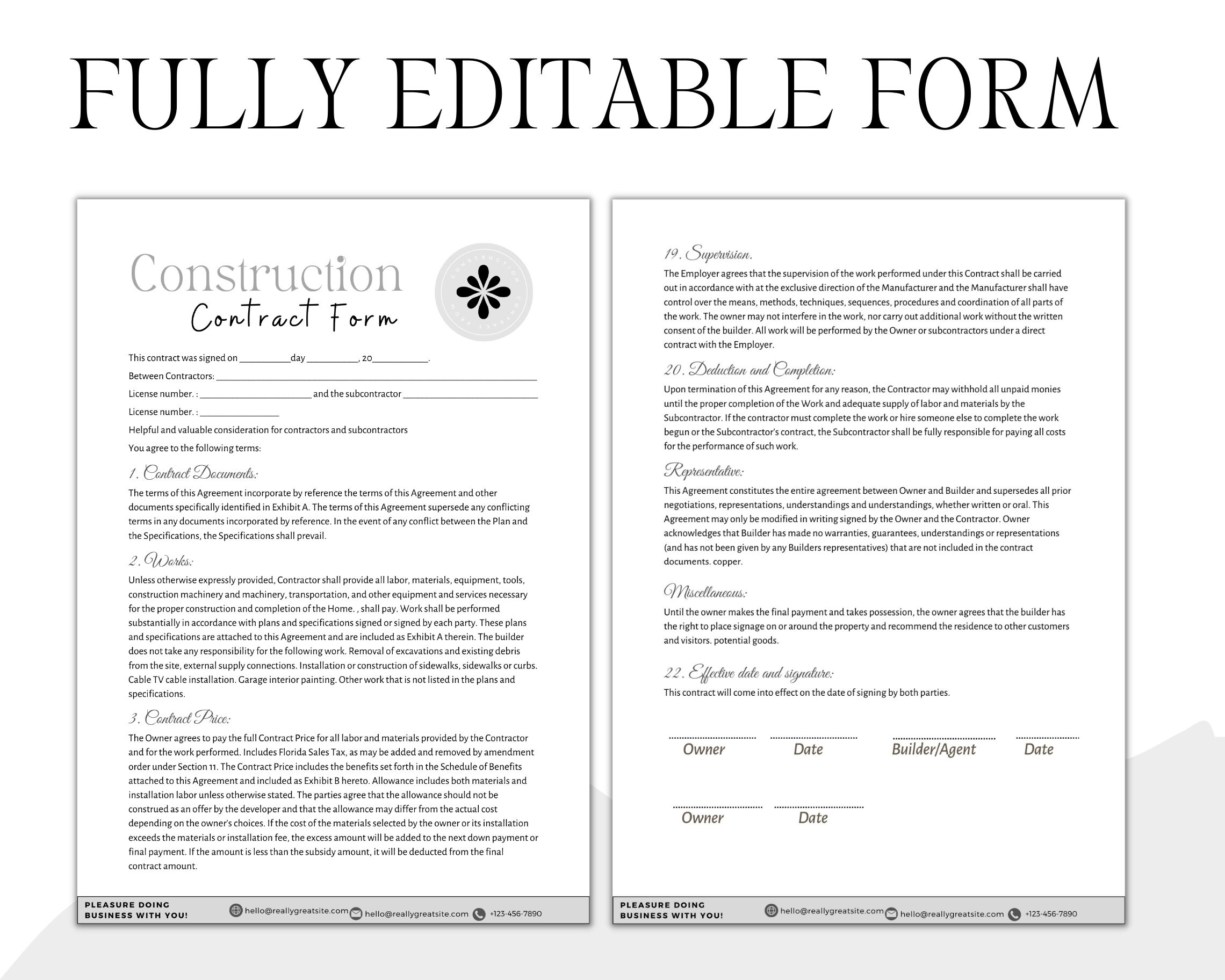 Editable Construction Contract Template, Canva & PDF (digital Download ...