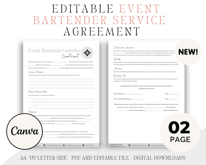 Bartender Agreement Contract Bartending Editable Template Bartender ...