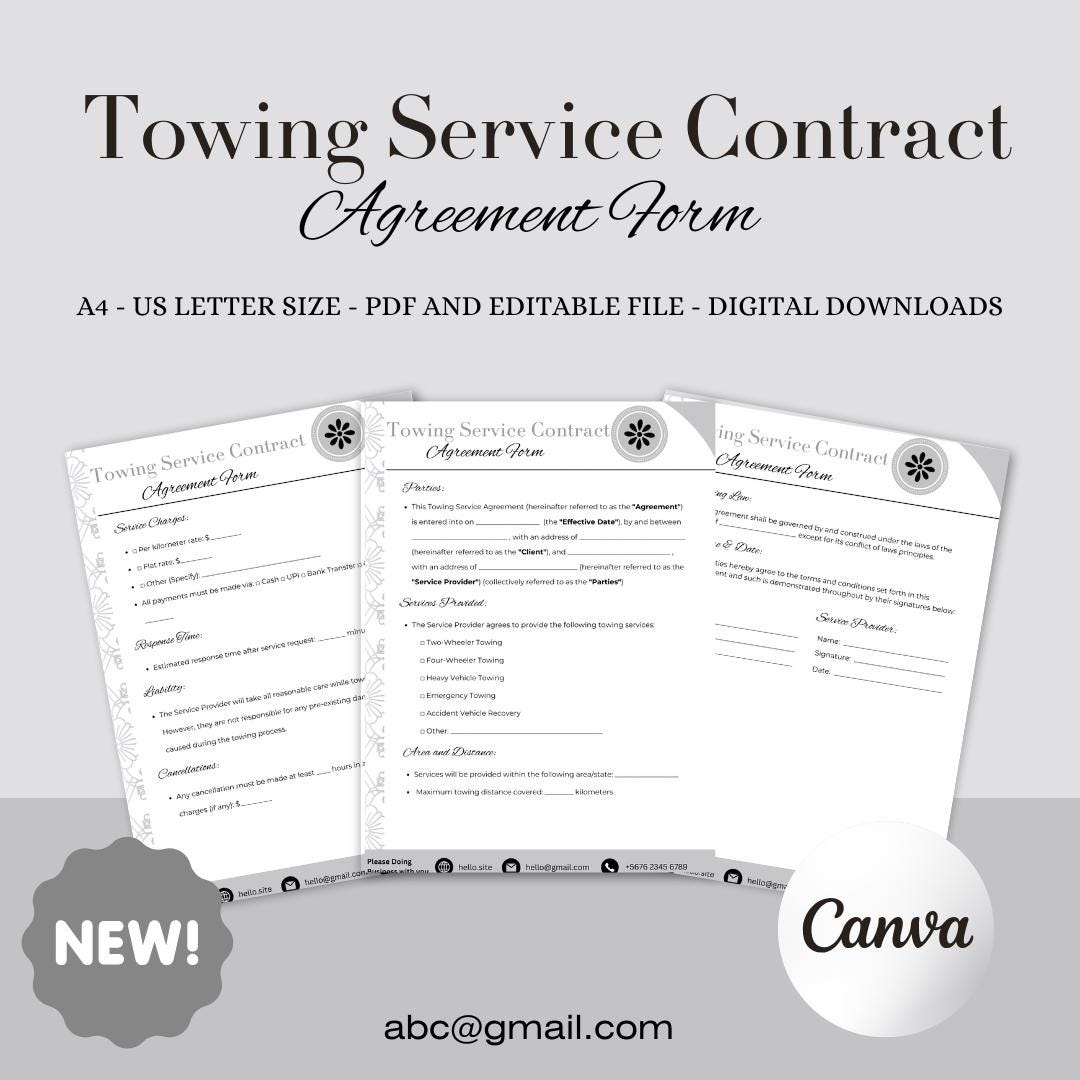 Towing Contract Agreement Canva Template | Tow Service Form (editable ...