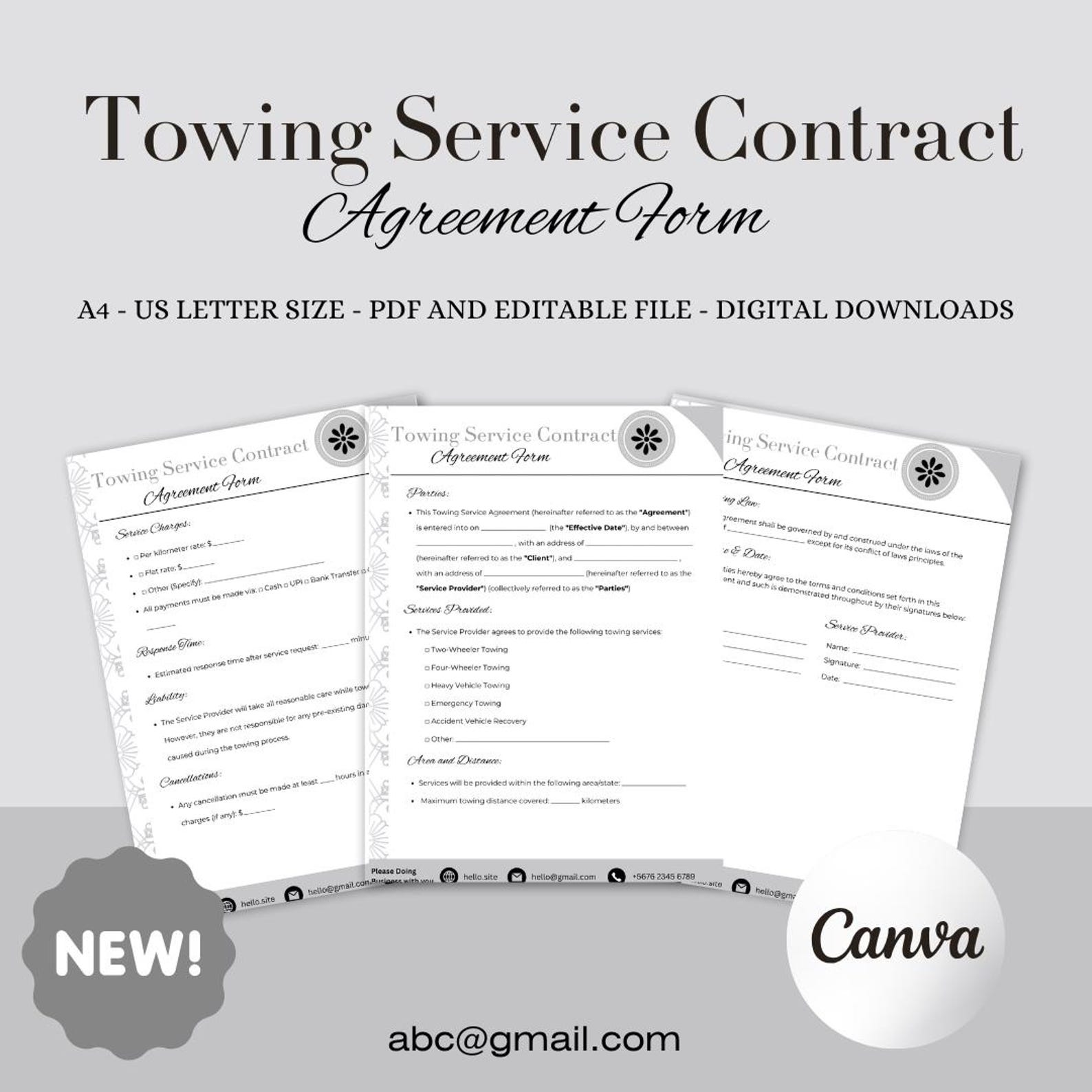 Towing Contract Agreement Canva Template | Tow Service Form (editable ...