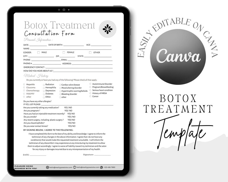 Professional Botox Treatment Form, Botox Consent Form, Esthetician ...