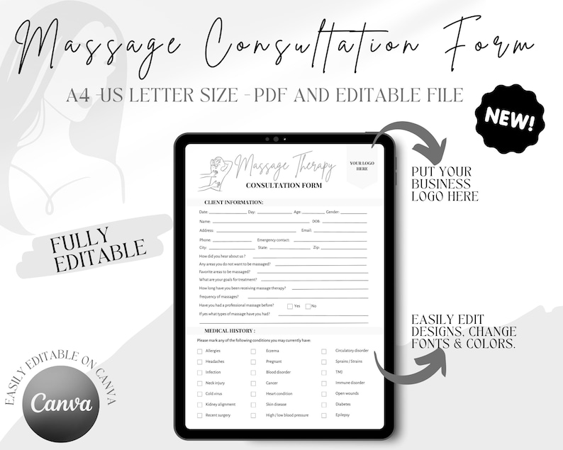 Editable Massage Intake Form, Massage Therapy Form, Massage Consent ...