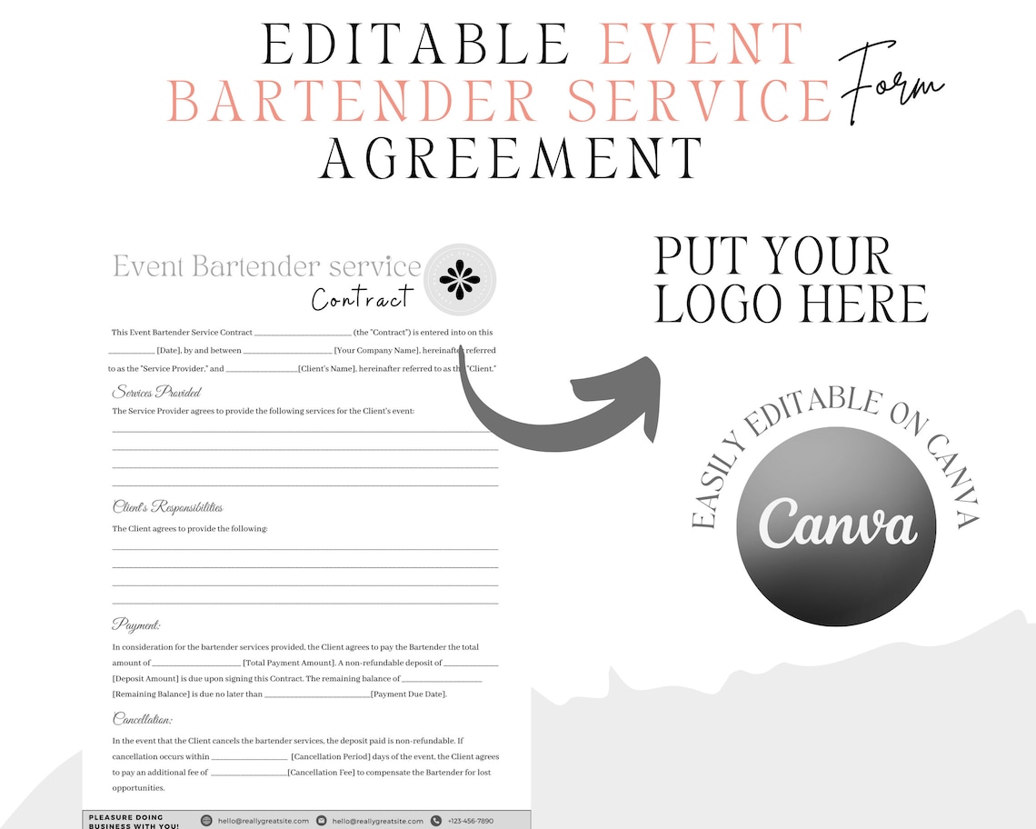 Bartender Agreement Contract Bartending Editable Template Bartender ...