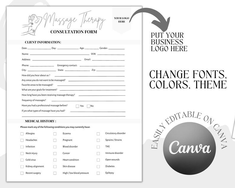 Editable Massage Intake Form, Massage Therapy Form, Massage Consent ...
