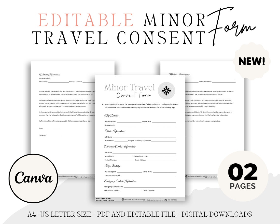 Editable Minor Travel Consent Form, Child Travel Authorization Form ...