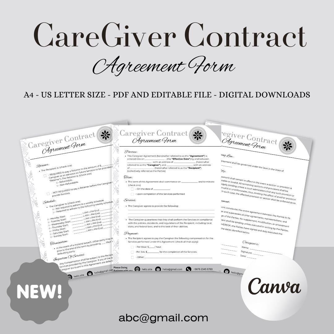 Caregiver Contract Agreement | Editable Caregiver Employment Template ...
