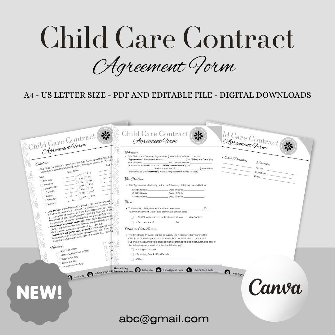 Child Care Service Contract Template | Editable Agreement for ...
