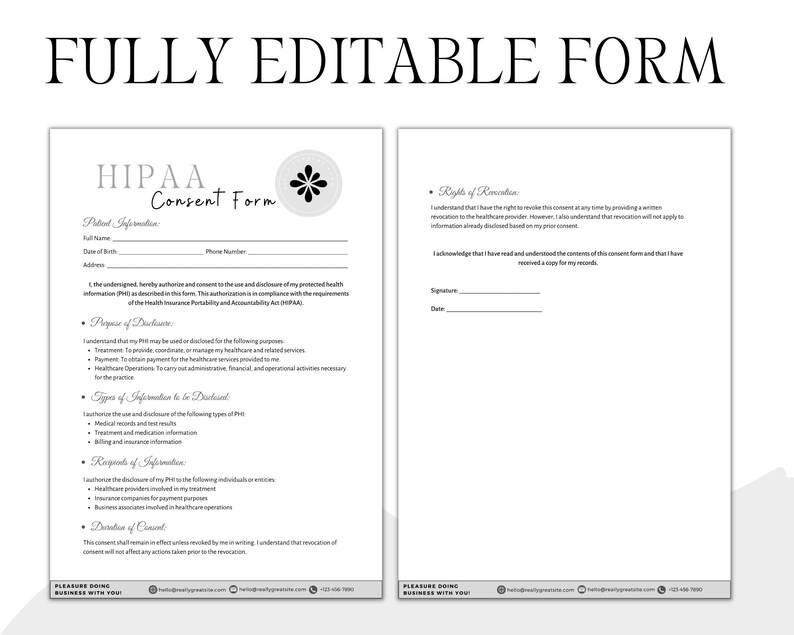 Editable HIPAA Consent Form Template, Printable HIPAA Compliance ...