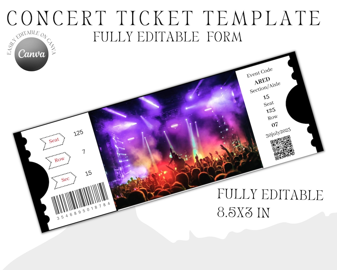 Concert Ticket Template, Editable Event Ticket Canva Template, Custom ...