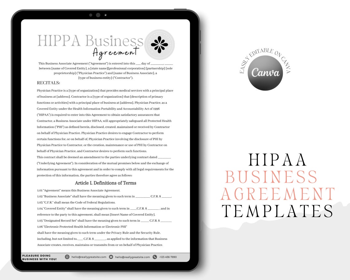 HIPAA Business Associate Agreement, Business Templates, Business Form ...