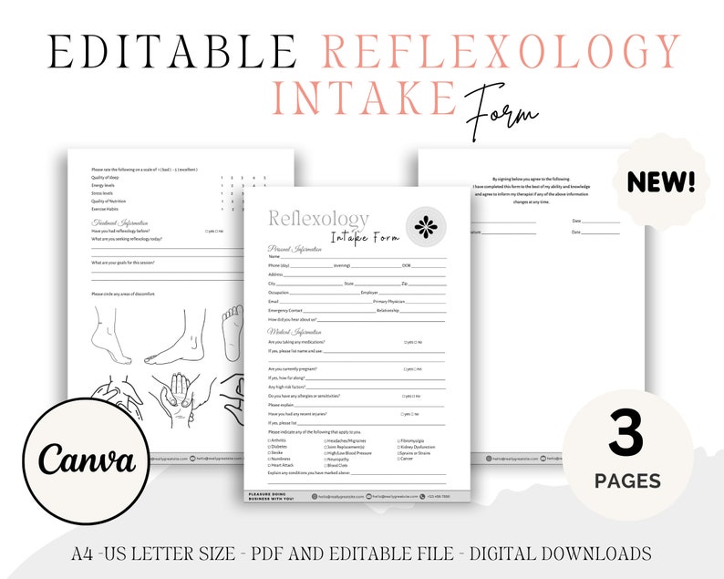 Editable Reflexology Intake Form, Massage Consultation Form, Spa Forms ...