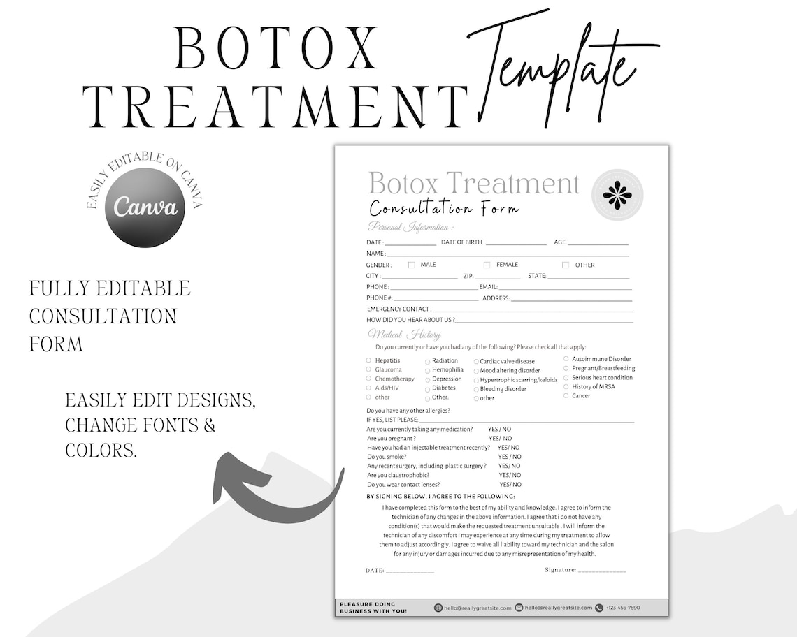 Professional Botox Treatment Form, Botox Consent Form, Esthetician ...