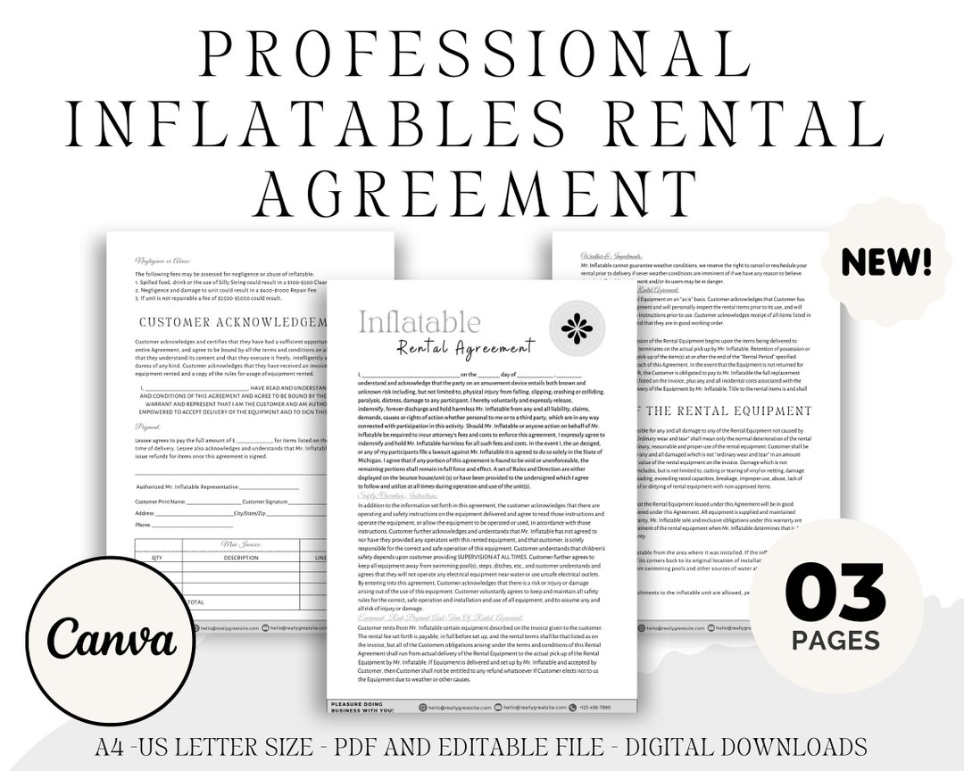 Editable Inflatable Rental Agreement, Bounce House Agreement, Rental ...