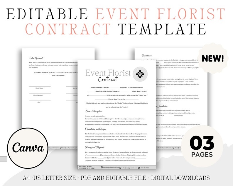 Editable Event Florist Contract Template, Canva Business Form (PDF) - Etsy
