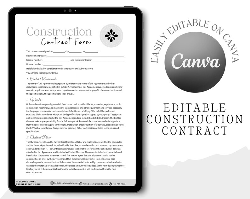 Editable Construction Contract Agreement Template, Contractor Contract ...