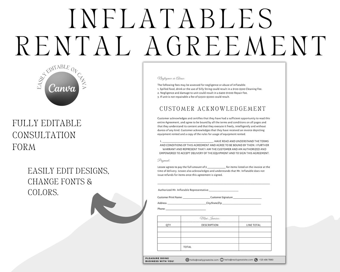 Editable Inflatable Rental Agreement, Bounce House Agreement, Rental ...
