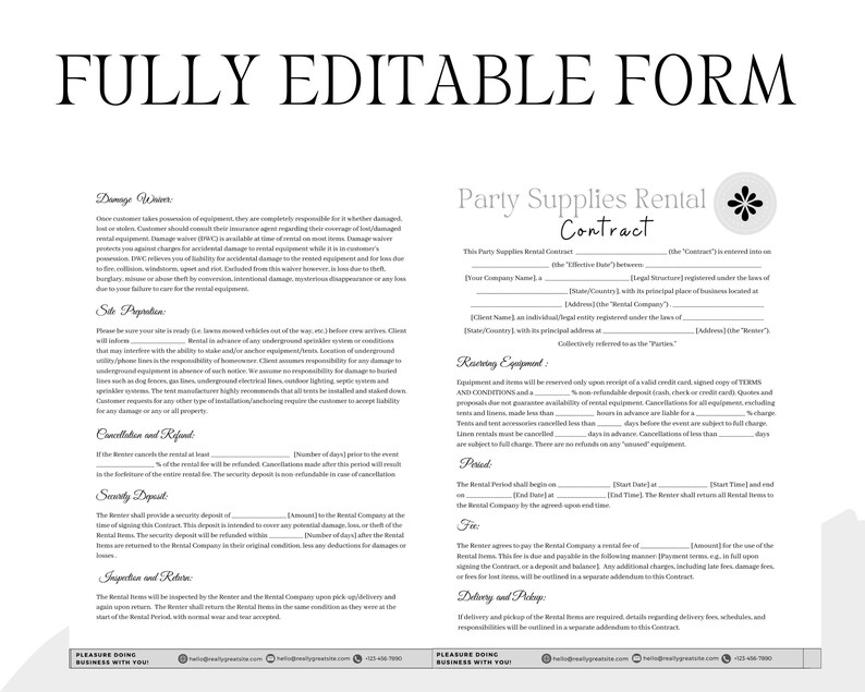 Editable Party Supplies Rental Contract,party Equipment Rental ...