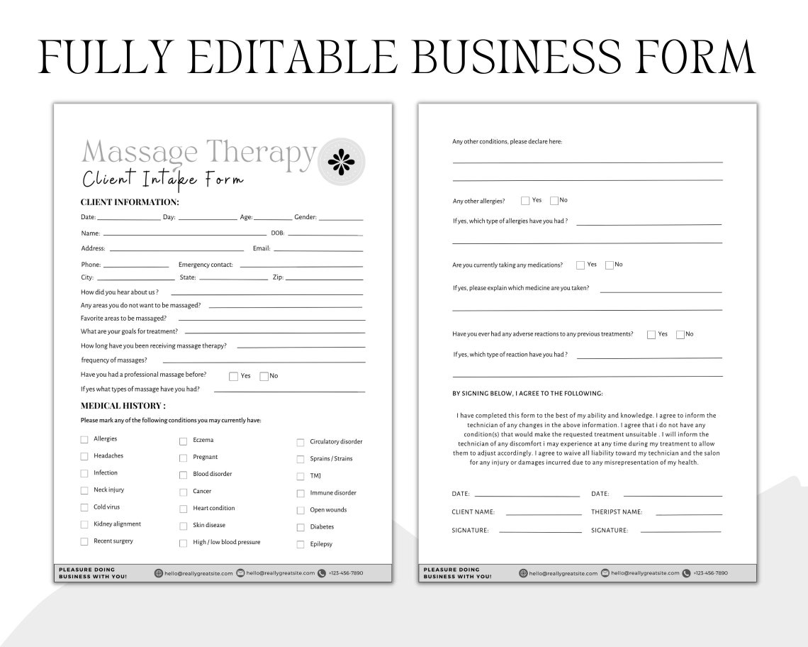 Professional Massage Intake Form Bundle Canva Editable Massage Therapy Forms Massage Therapist