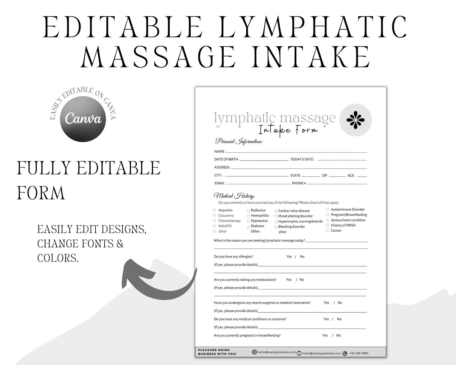 Editable Lymphatic Massage Intake Form, Lymphatic Drainage Form, Canva ...