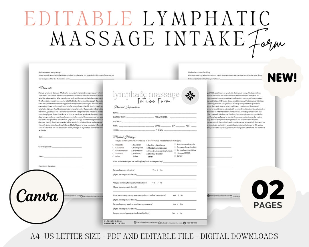 Editable Lymphatic Massage Intake Form, Lymphatic Drainage Form, Canva ...