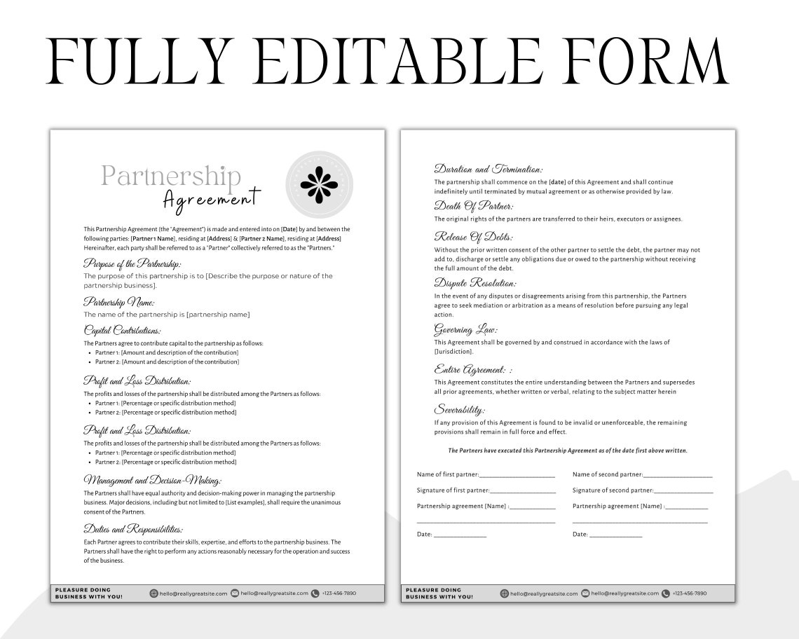 Editable Partnership Agreement Template: Small Business Contract (PDF ...