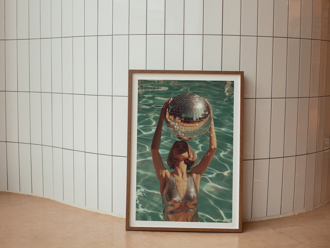 Retro Pool Girl Disco Ball Printable Poster Mid Century Modern Wall Art ...
