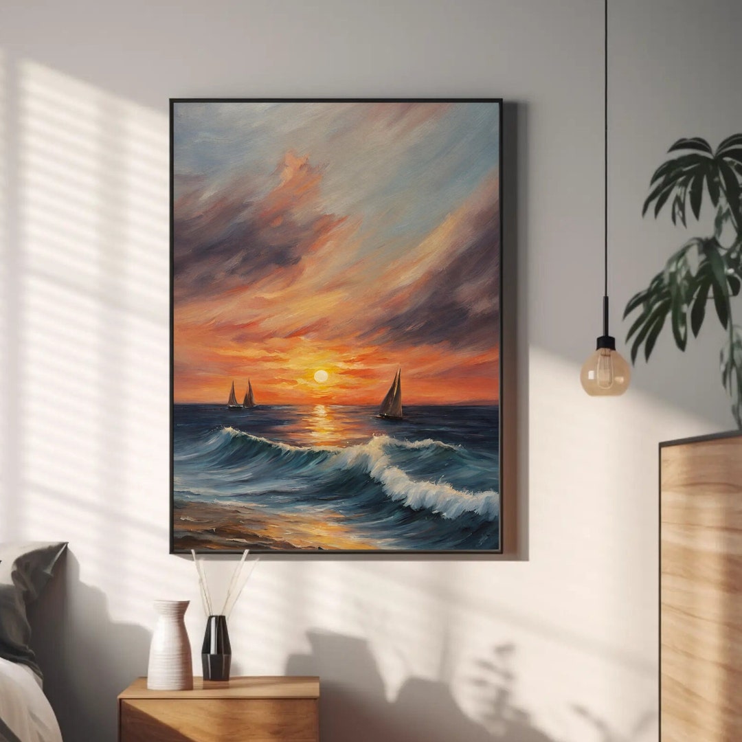 Seaside Sunset Printable Oil Painting, Digital Wall Art - Digital ...