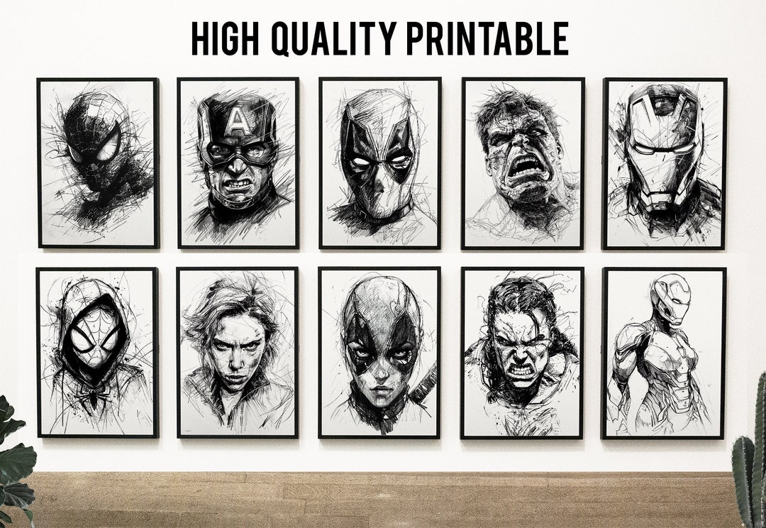 10 Superheroes MARVEL Poster Art Ink Pen, Digital Download, Superhero ...