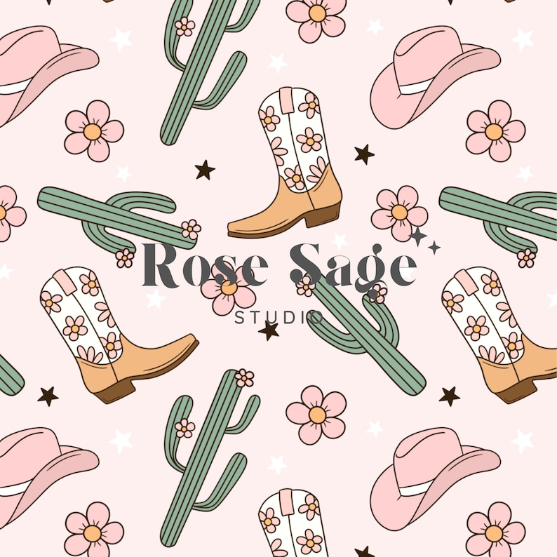 Cowgirl Seamless Pattern, Cactus Cowboy Boots Seamless File, Girl ...