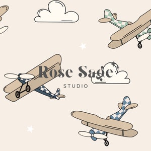 Vintage Checkered Airplane Seamless Pattern, Neutral Beige Airplane ...