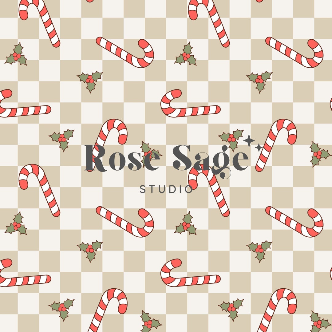 Checkered Candy Cane Seamless Pattern, Neutral Christmas Holly Seamless ...