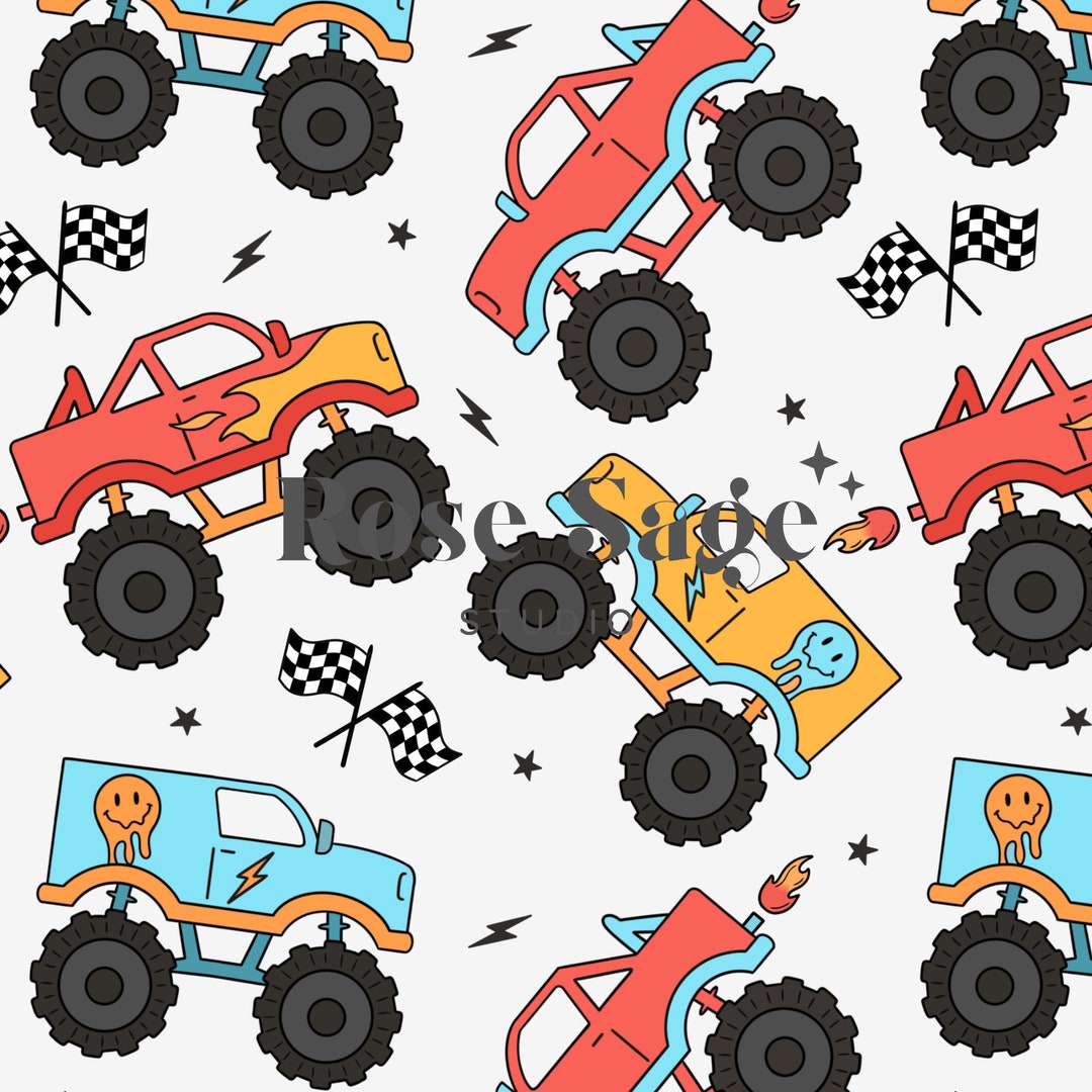 Monster Truck Seamless File, Boy Seamless Pattern, Truck Smiley ...