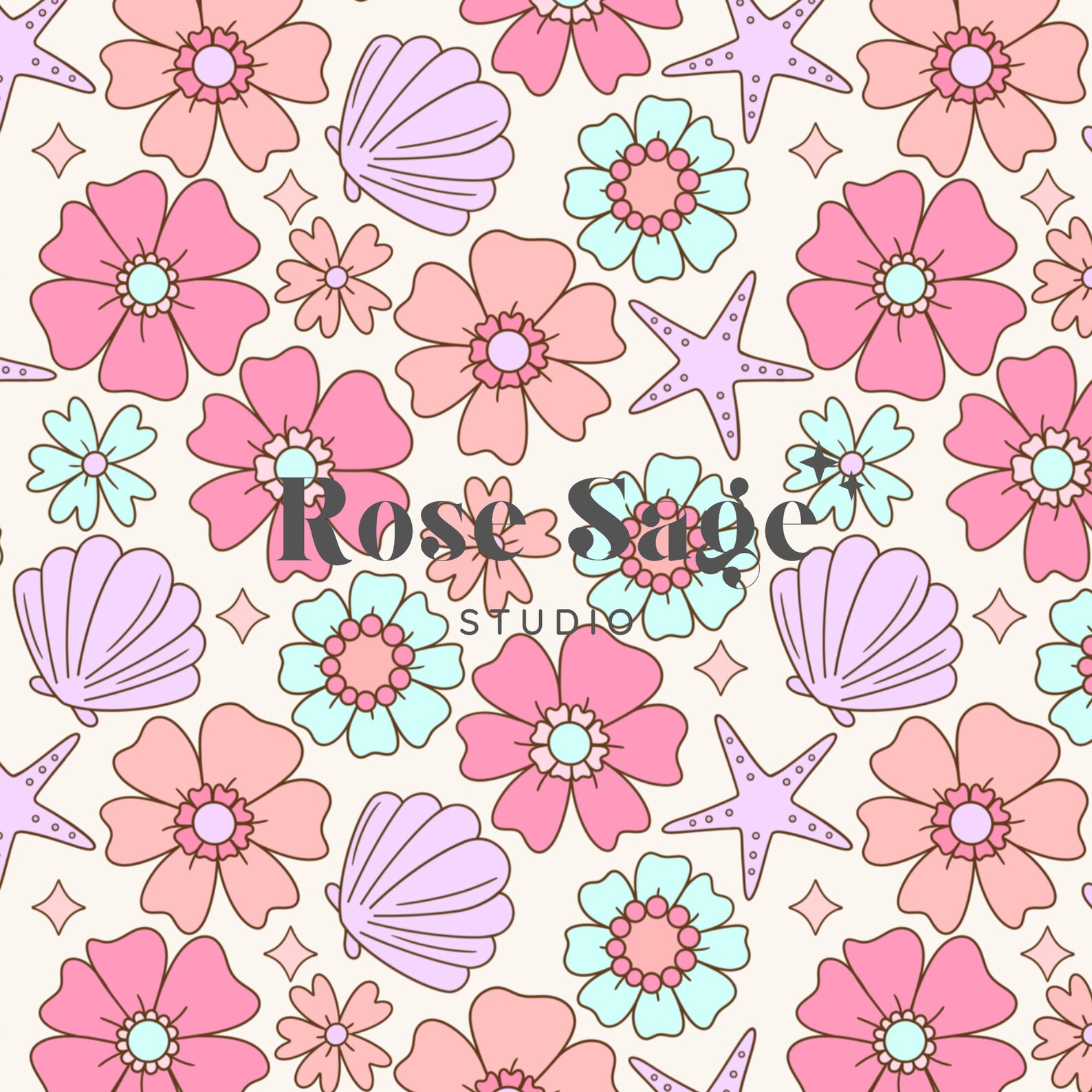 Summer Floral Seashell Seamless Pattern, Retro Summer Flower Seamless ...
