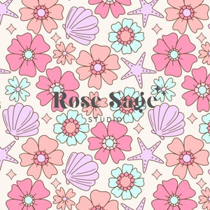 Summer Floral Seashell Seamless Pattern, Retro Summer Flower Seamless ...