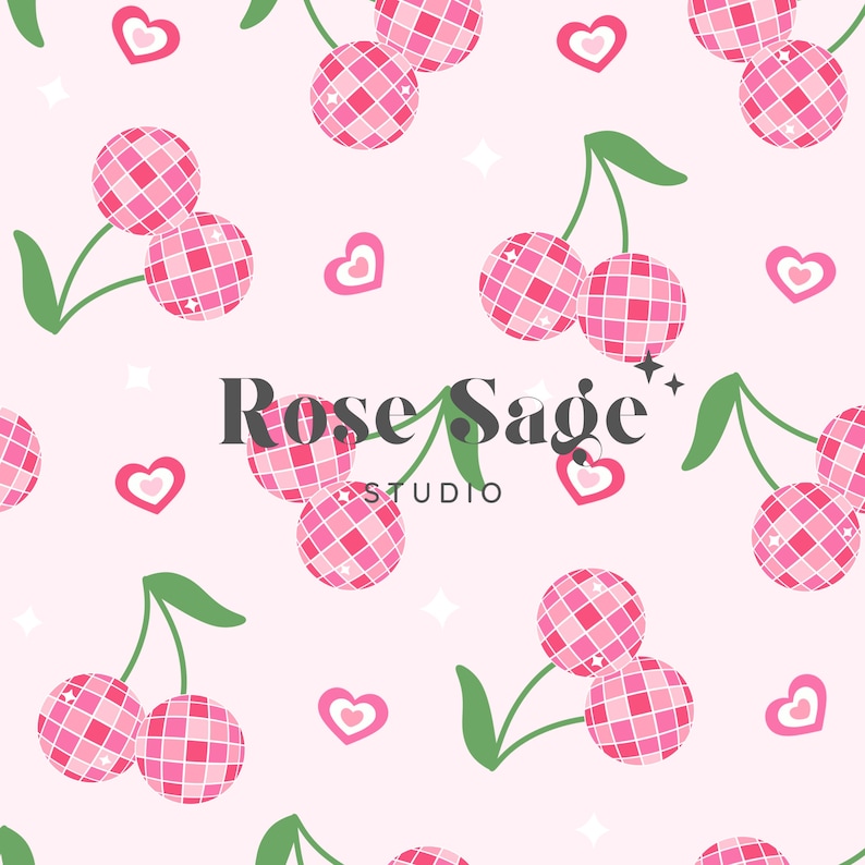 Valentine’s Disco Cherries Seamless Pattern, Retro Pink Disco Cherry ...