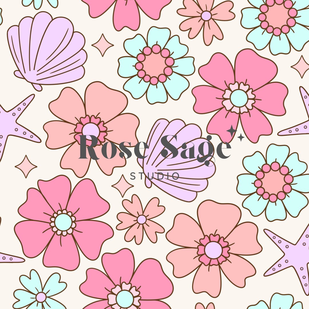 Summer Floral Seashell Seamless Pattern, Retro Summer Flower Seamless ...