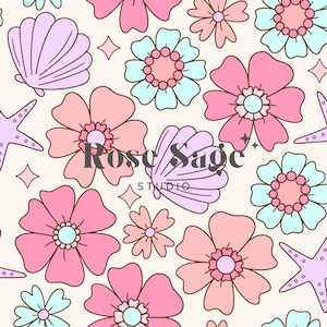 Summer Floral Seashell Seamless Pattern, Retro Summer Flower Seamless ...