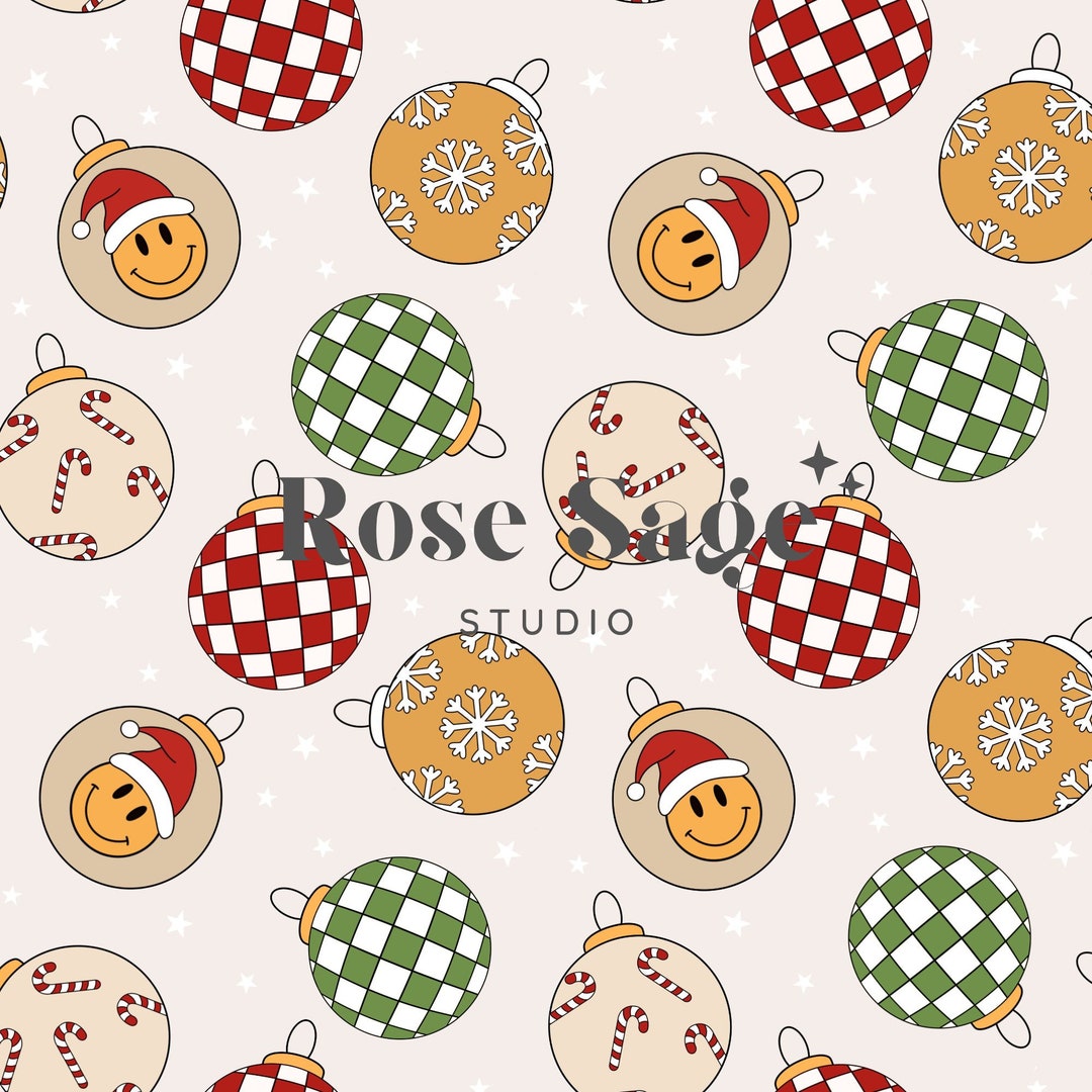 Retro Christmas Checkered Ornaments Seamless Pattern, Christmas Smiley ...