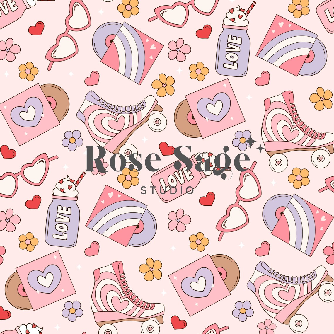 Groovy Valentines Seamless Pattern, Retro Rollerblade Valentines Day ...