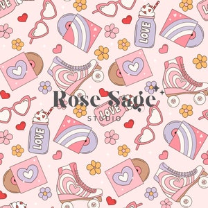 Groovy Valentines Seamless Pattern, Retro Rollerblade Valentines Day ...
