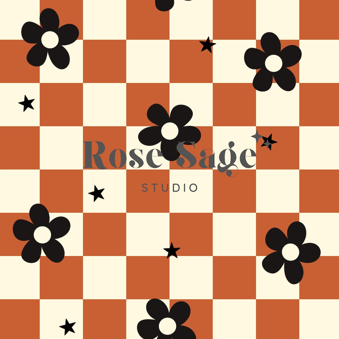 Retro Fall Checkered Flower Seamless Pattern, Halloween Orange ...