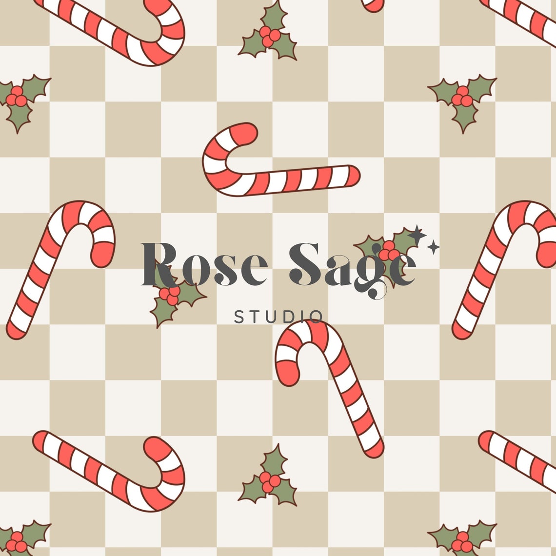 Checkered Candy Cane Seamless Pattern, Neutral Christmas Holly Seamless ...