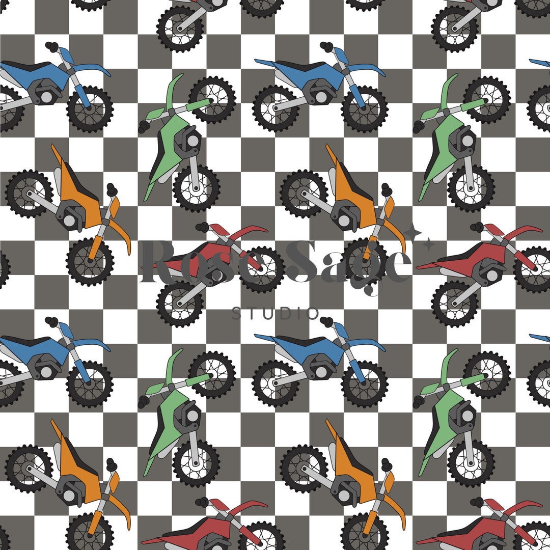 Checkered Dirt Bike Seamless Digital Pattern, Checker Bike Seamless ...